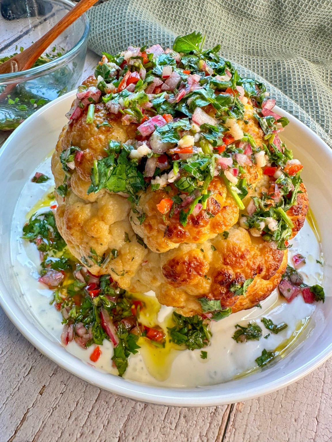 Whole Roasted Cauliflower Recipe with Chimichurri and Garlic Yogurt by ...